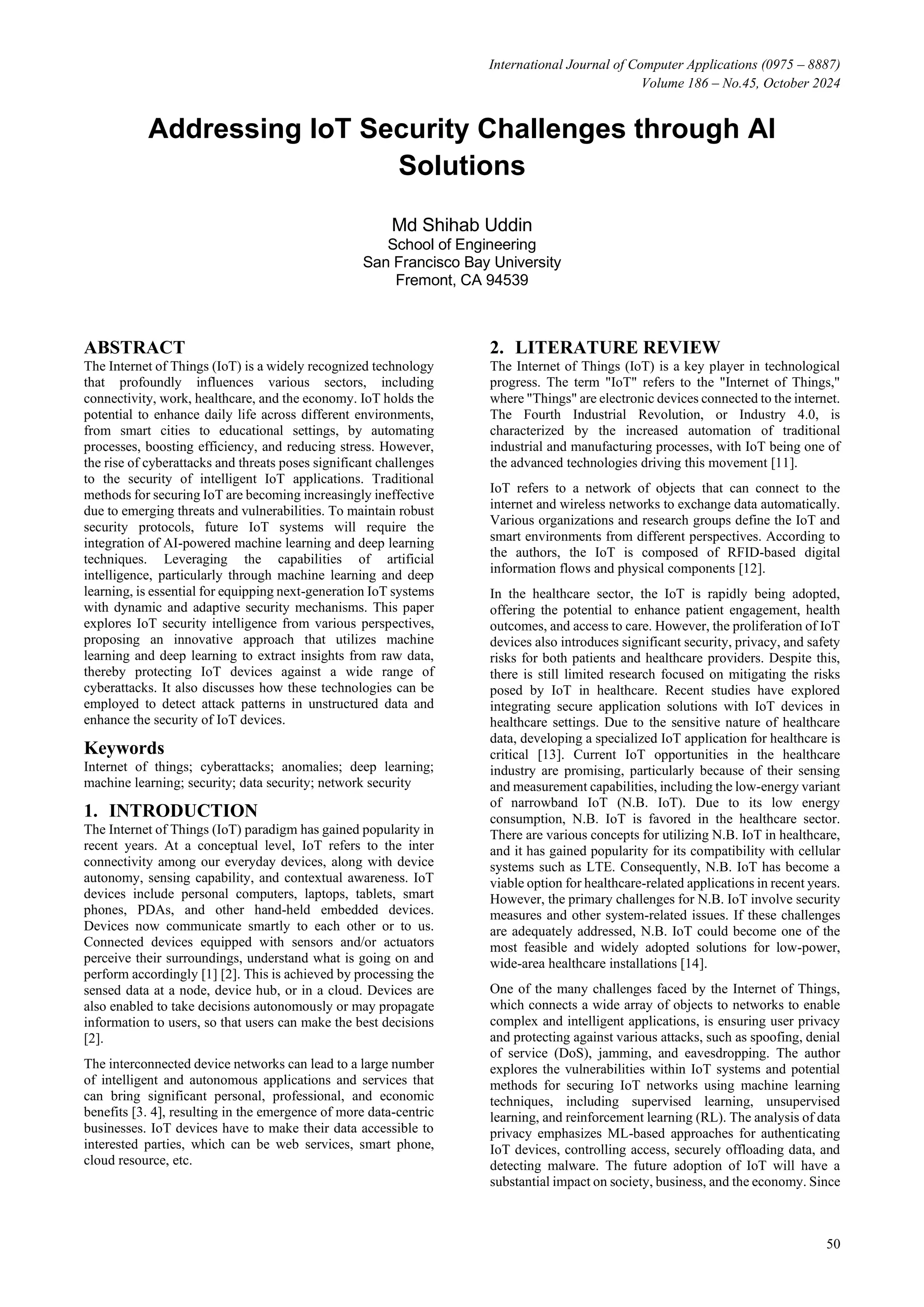 Addressing IoT Security Challenges through AI Solutions | PDF