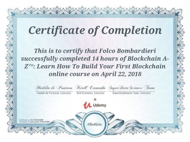 Certificate Of Completion Blockchain A Z Learn How To Build Your First Blockchain