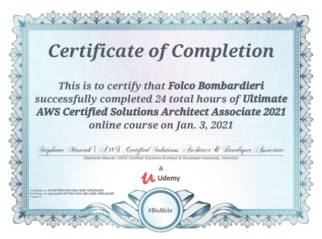 Certificate of Completion: Ultimate AWS Certified Solutions Architect Associate 2021 | PPT