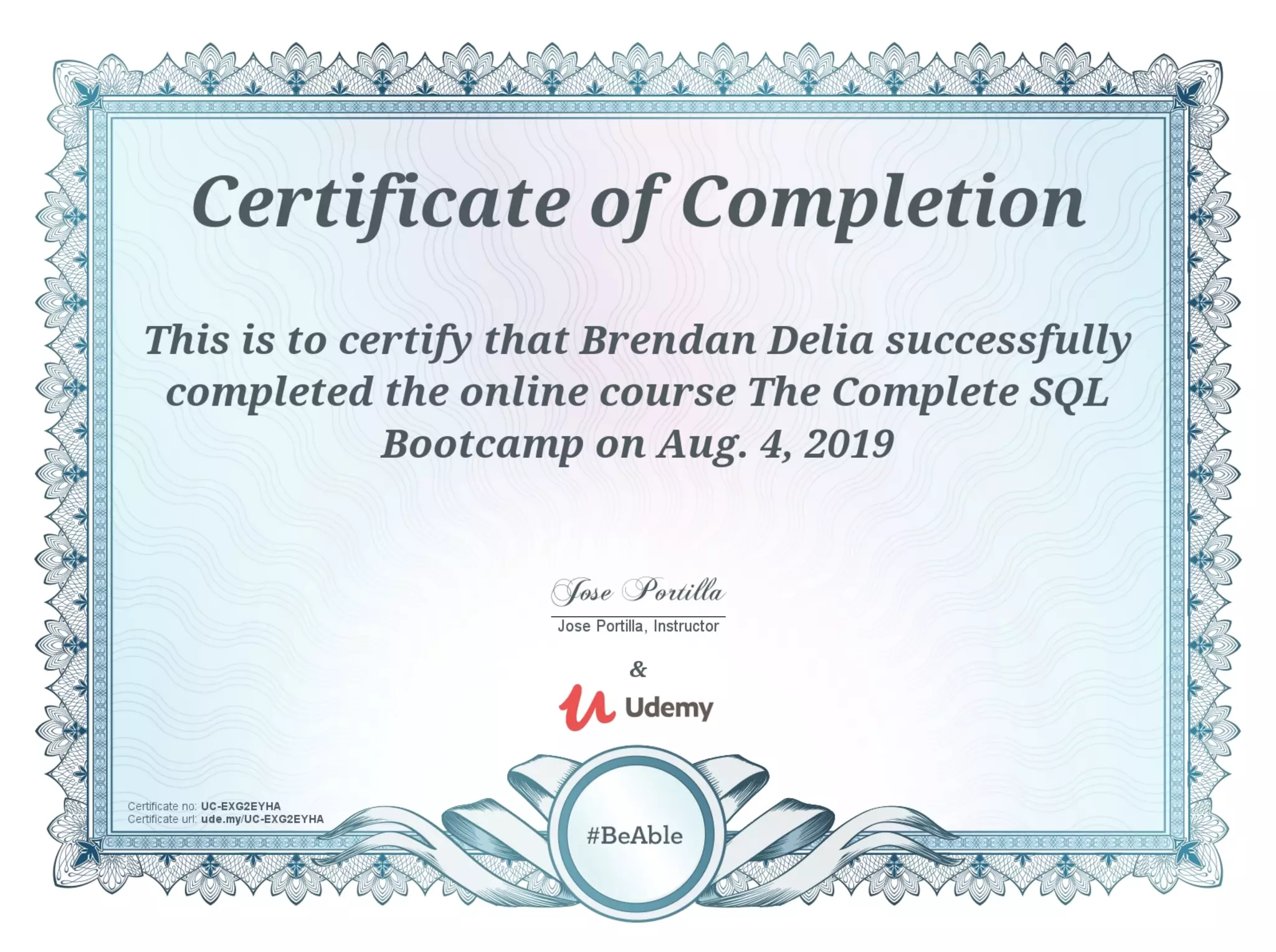 Udemy Certificate of Completion - Complete SQL Course | PPT