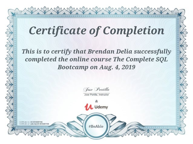 Udemy Certificate of Completion - Complete SQL Course | PDF