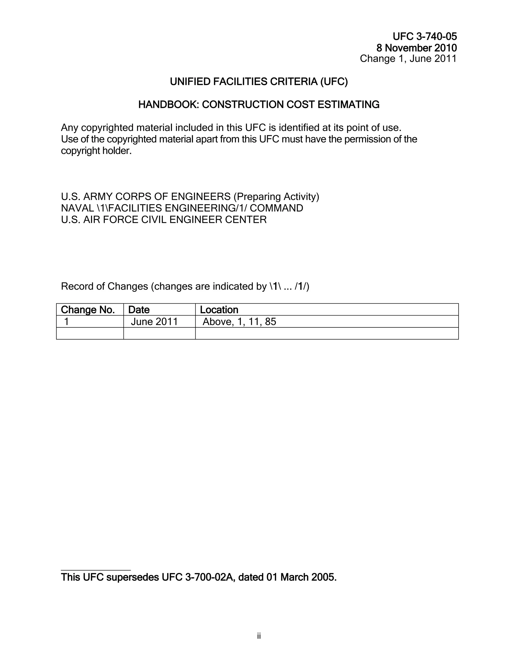 Ufc 3 740-05 handbook construction cost estimating, with change 1 | PDF