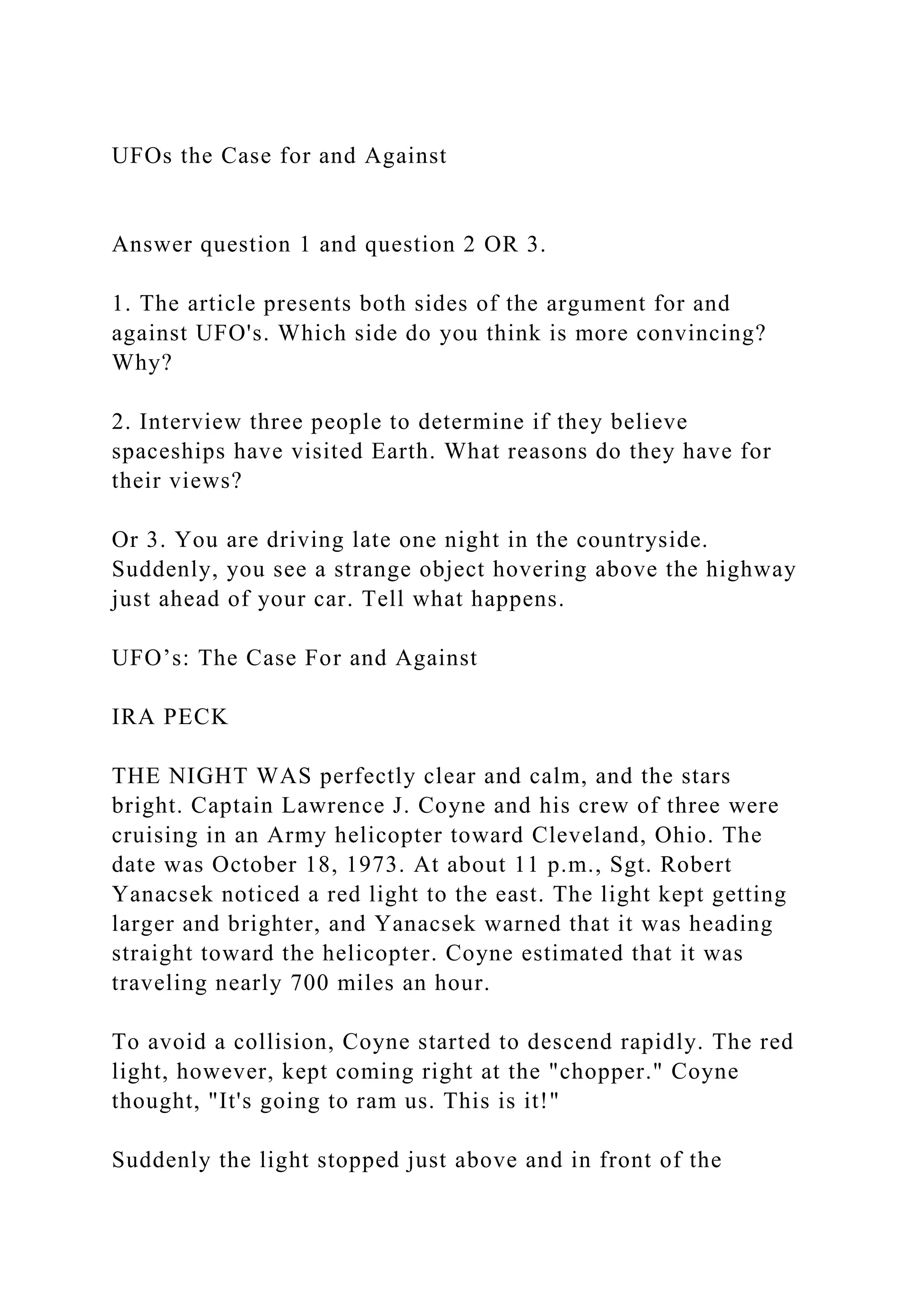 UFOs the Case for and AgainstAnswer question 1 and question 2 | PDF