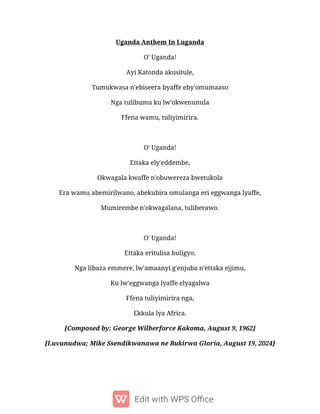 Uganda National Anthem In Luganda as Interpreted By Mike Ssendikwanawa ...