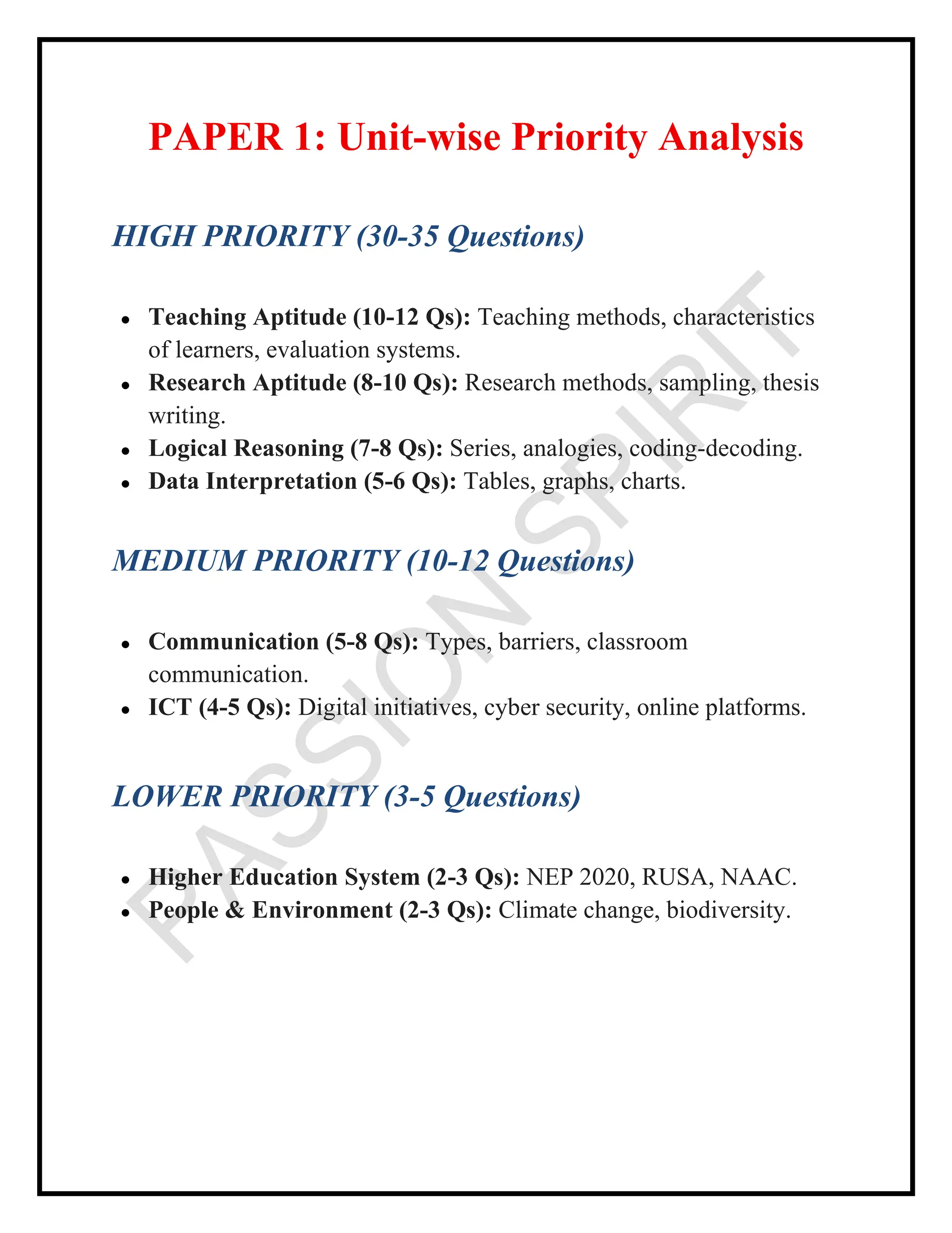 UGC NET Paper 1 Unit-wise Priority Analysis High-Yield Topics ...
