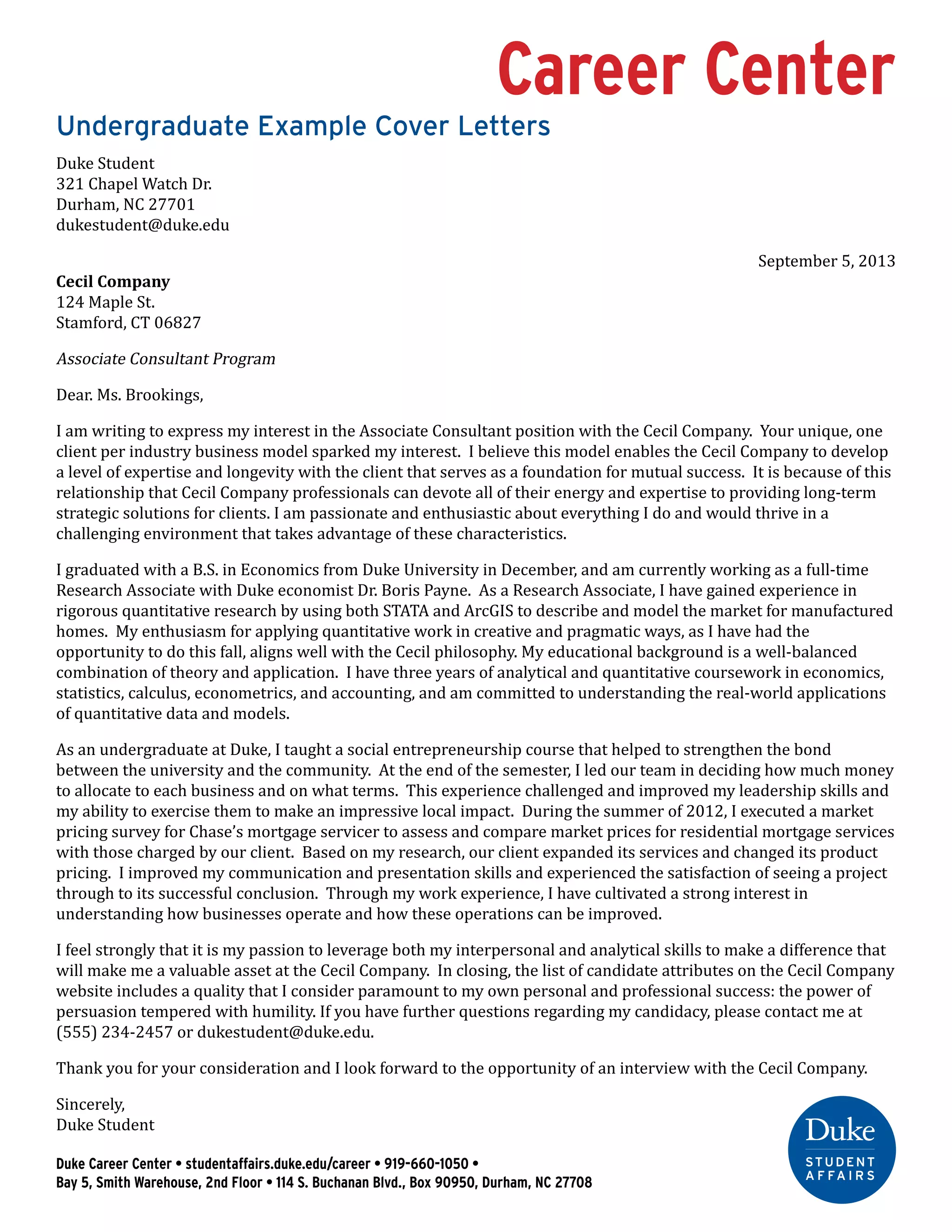 Undergraduate Student Example Cover Letters | PDF