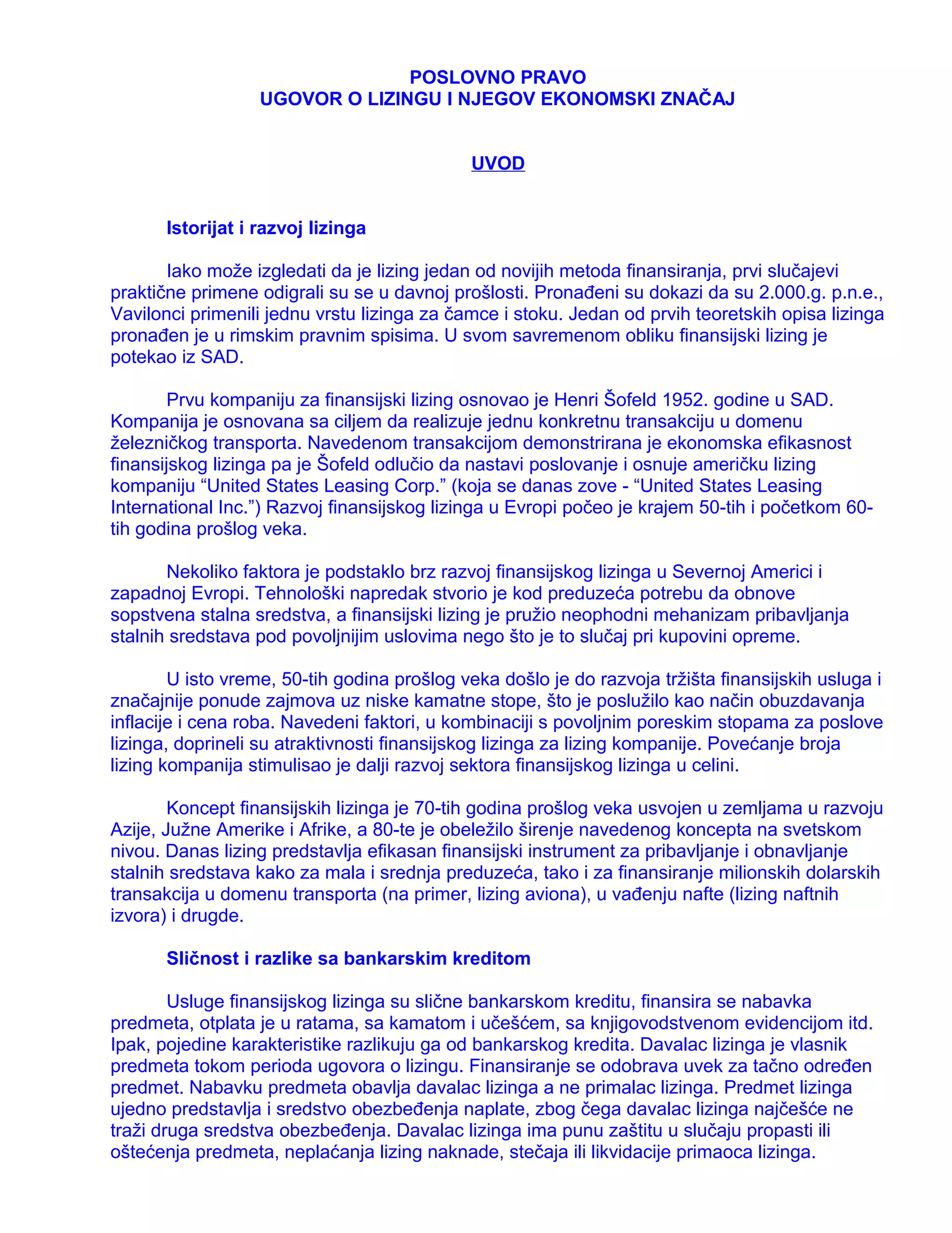 Ugovor o lizingu i njegov ekonomski znacaj poslovno pravo | DOC