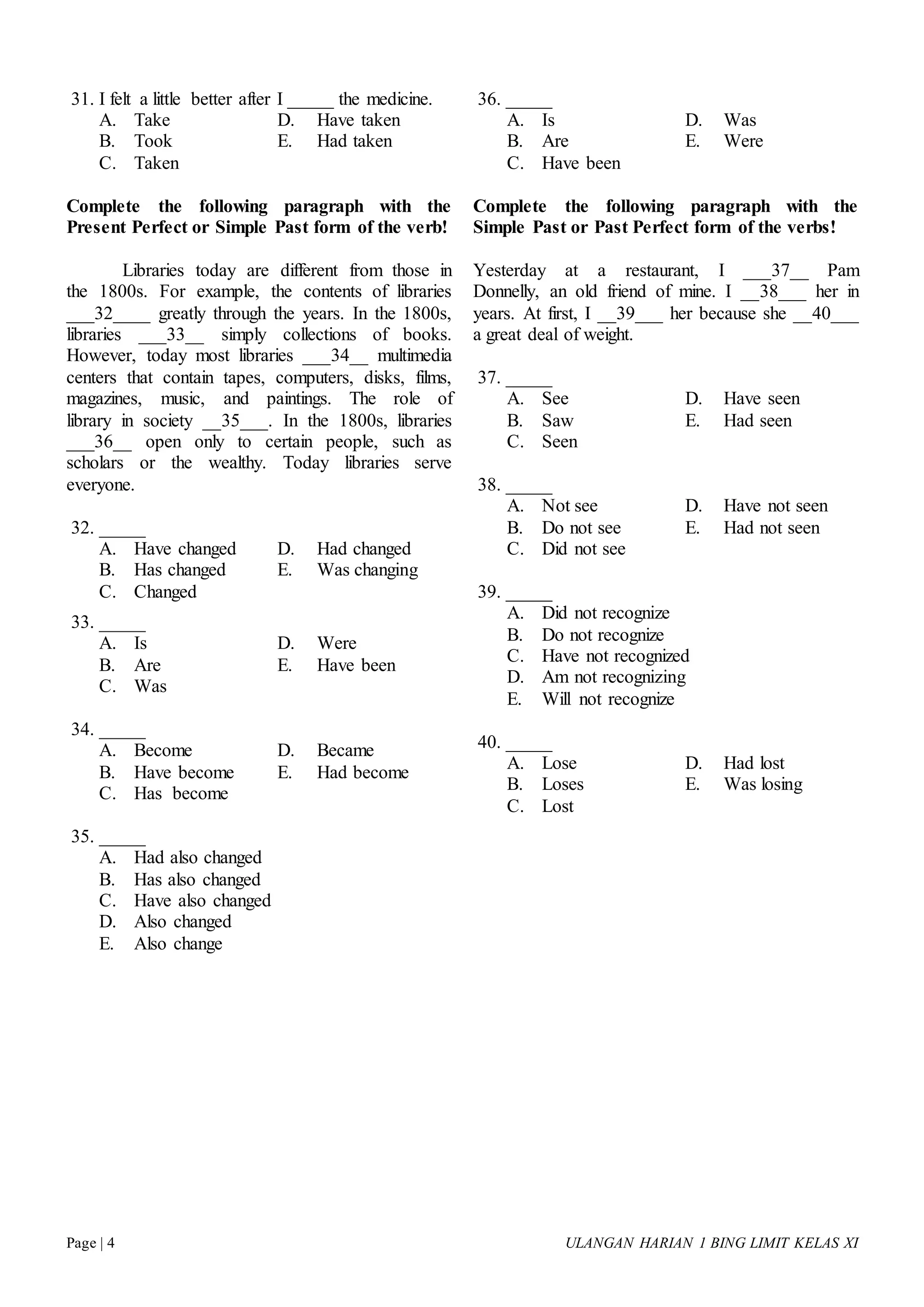 ULANGAN HARIAN BAHASA INGGRIS LINTAS MINAT KELAS XI | DOCX