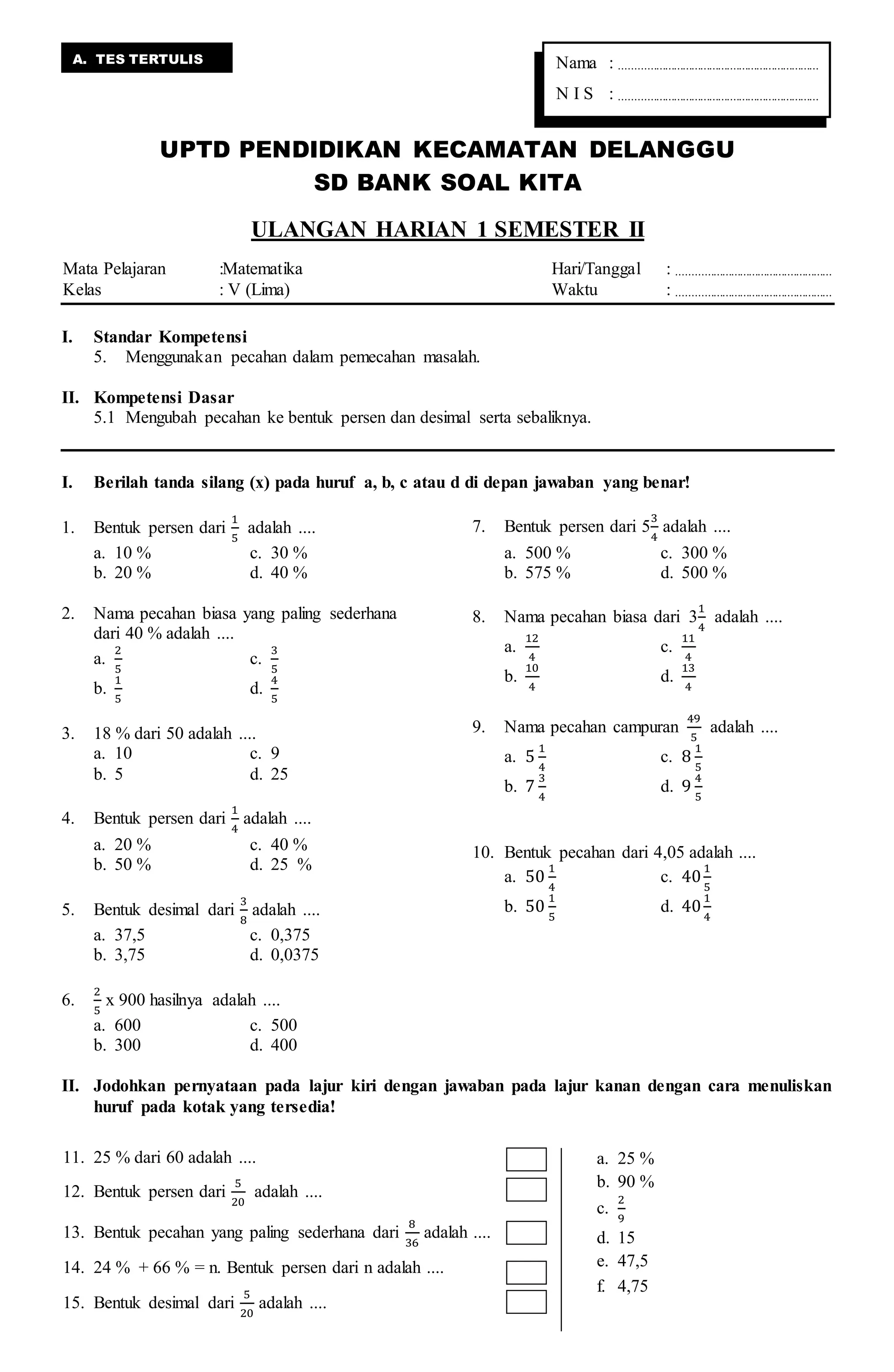 Uh1 matematika kelas v | PDF