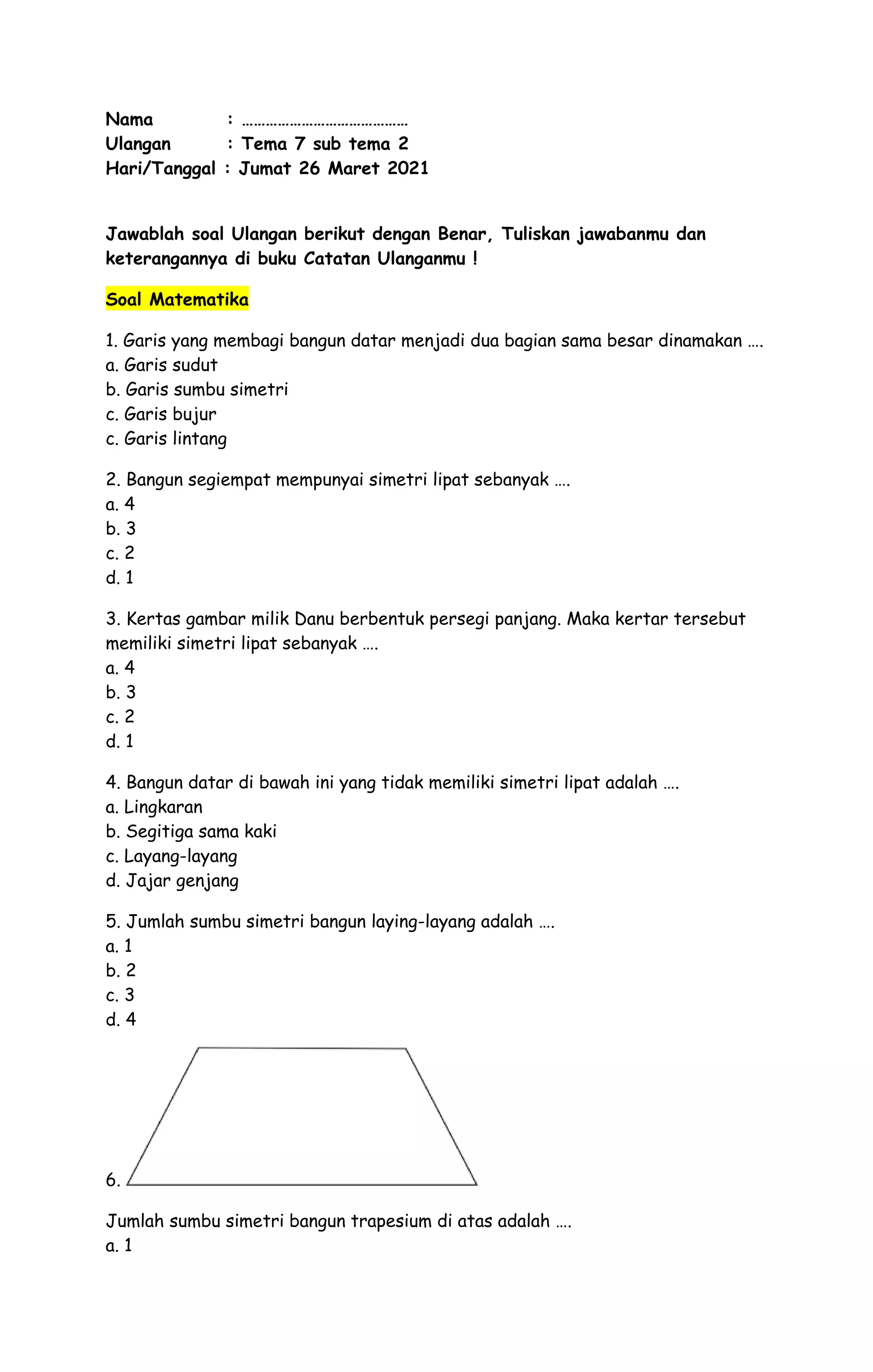 Ulangan Tema 7 kelas 3 SD | PDF