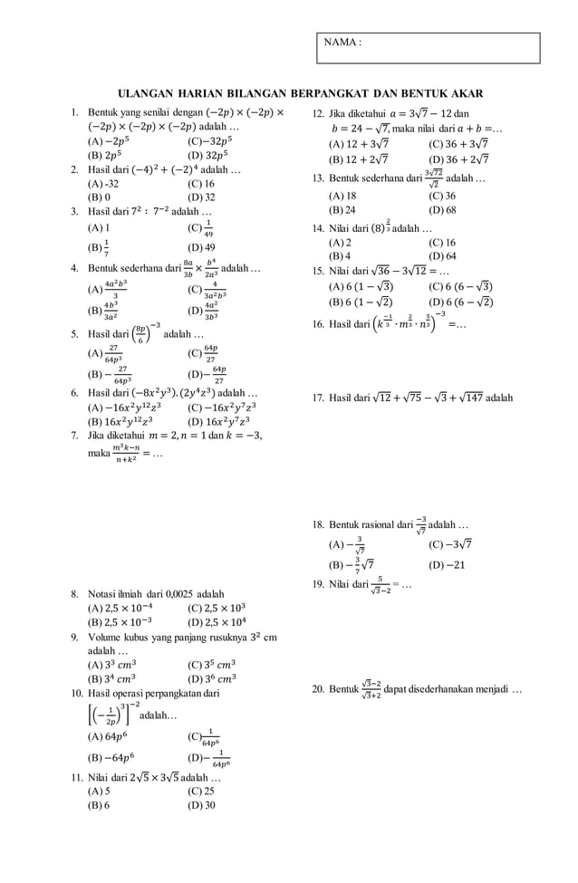 Ulangan Harian Bilangan Berpangkat dan Bentuk Akar | DOCX