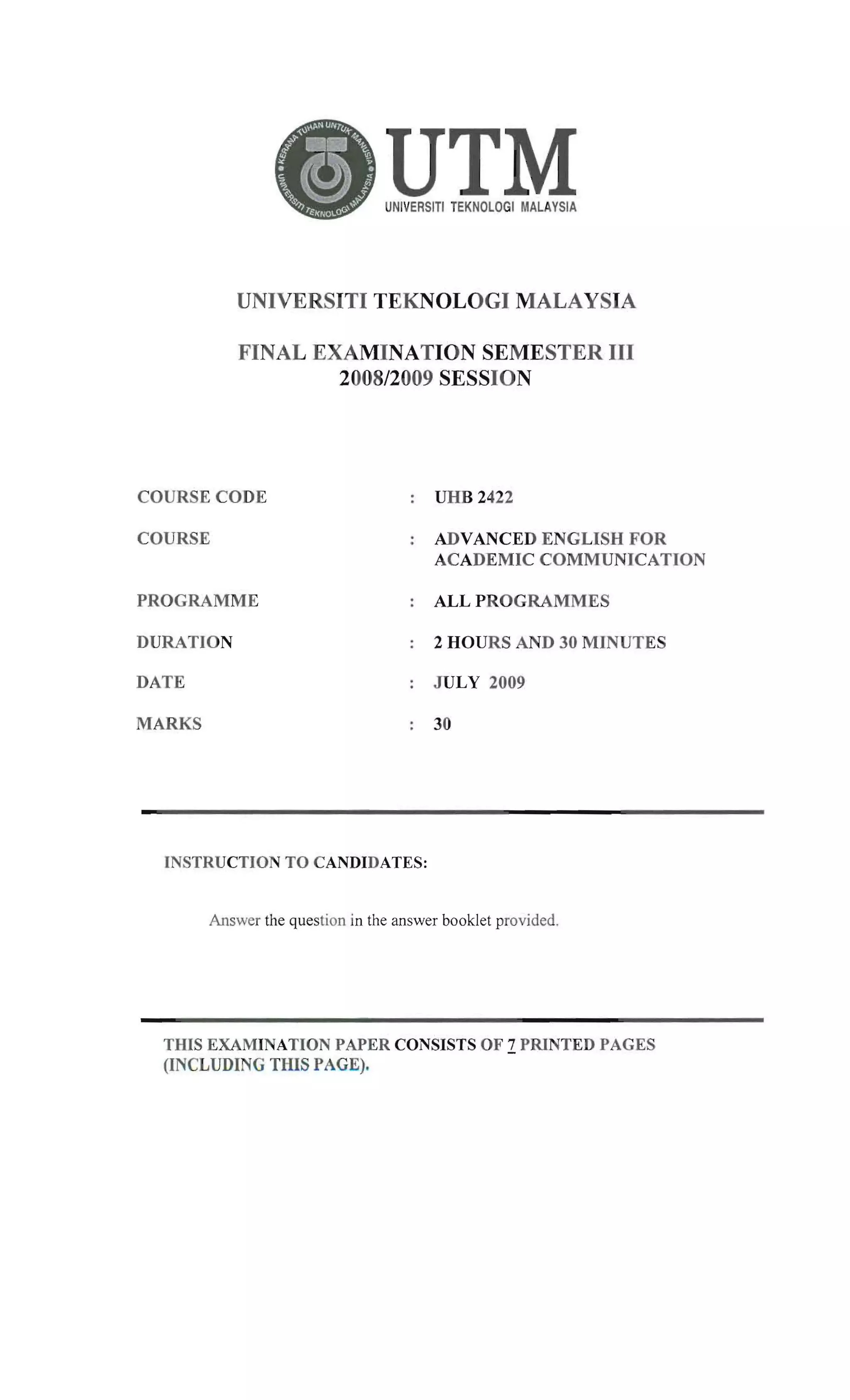 UHB2422 / ULAB2112 - Final exam paper | PDF