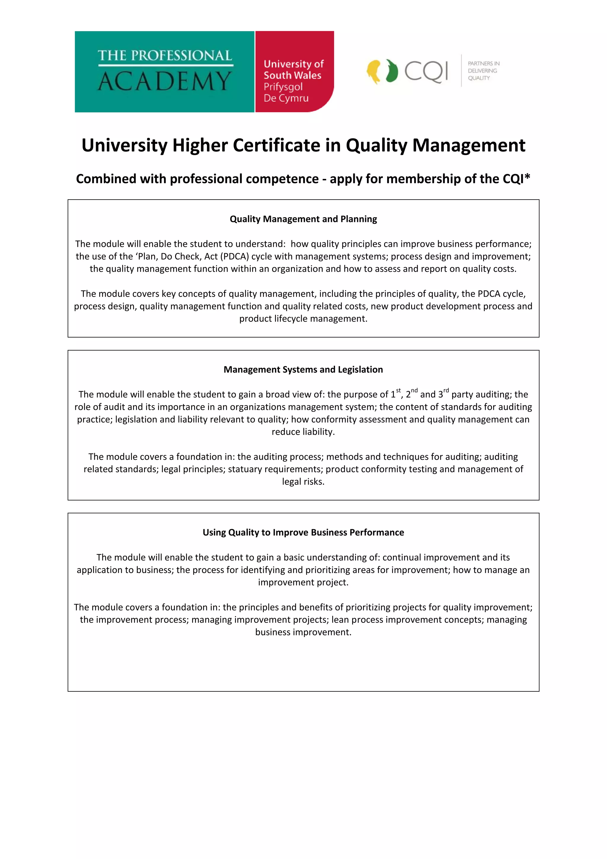 University Higher Certificate in Quality Management | PDF