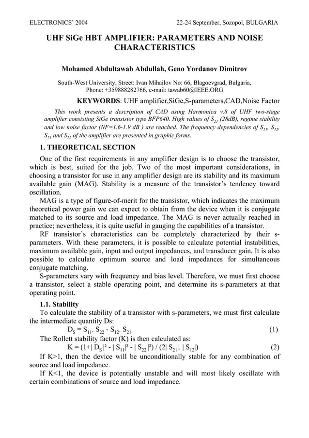 Uhf si ge hbt amplifier parameters and noise characteristics | PDF