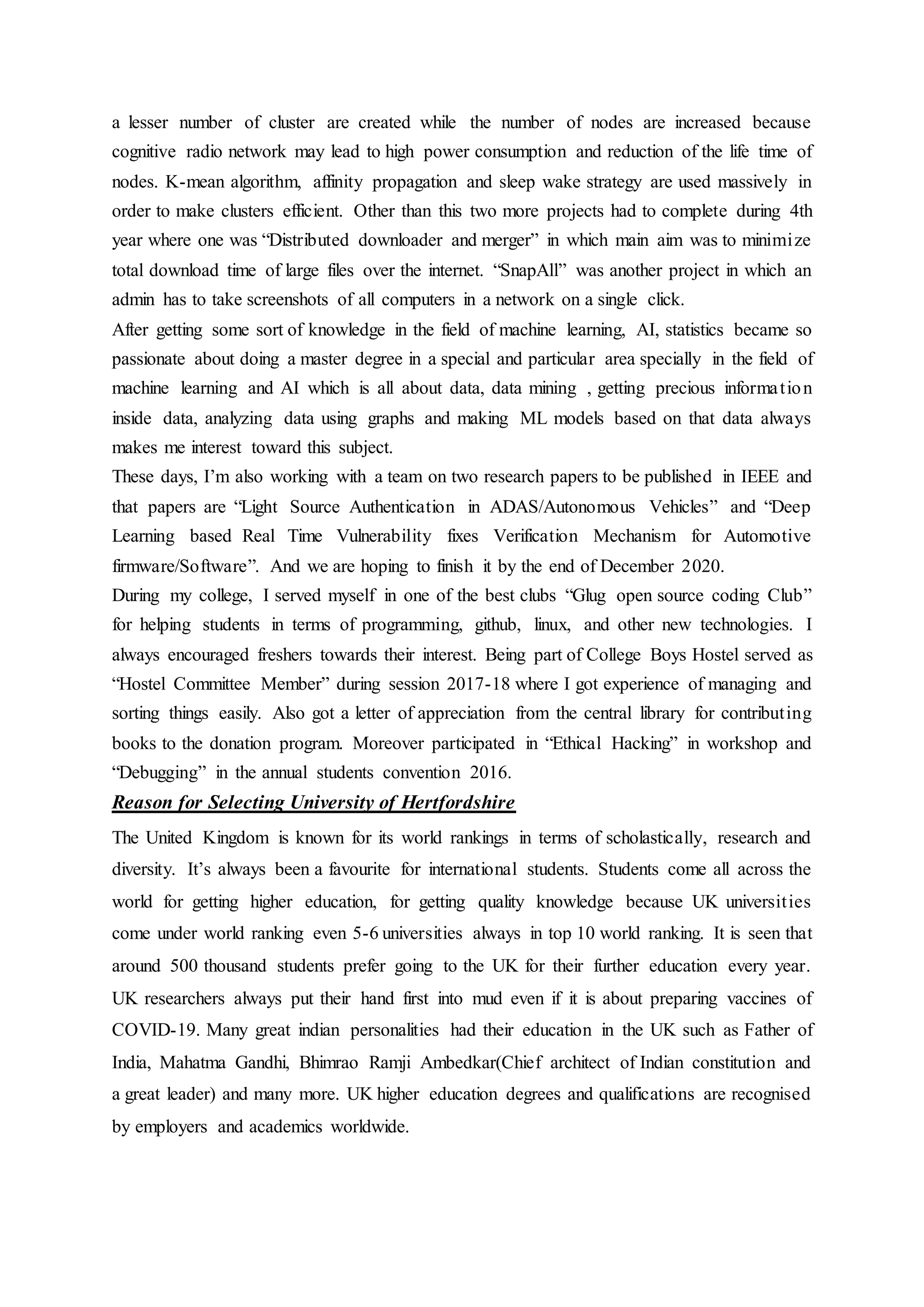 SOP or Personal Statement for University of Hertfordshire | DOCX