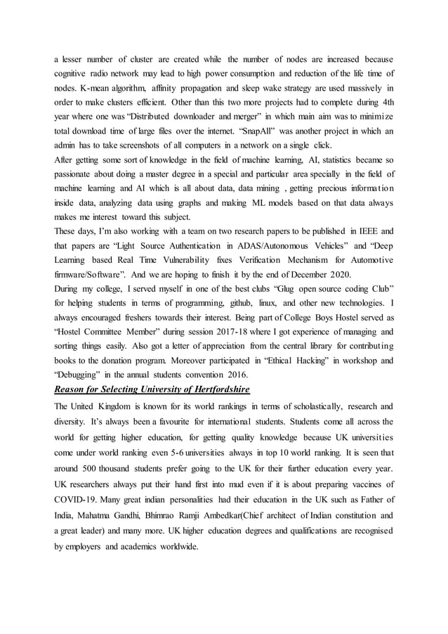 SOP or Personal Statement for University of Hertfordshire | DOCX