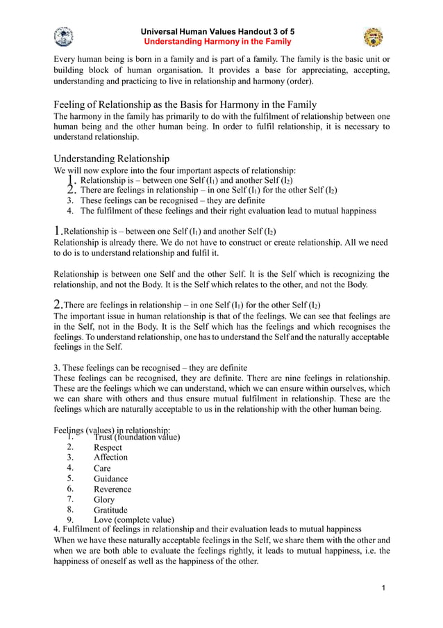 UHV Handout 3-Harmony in the Family.pptx | Single Life | Family and Relationships