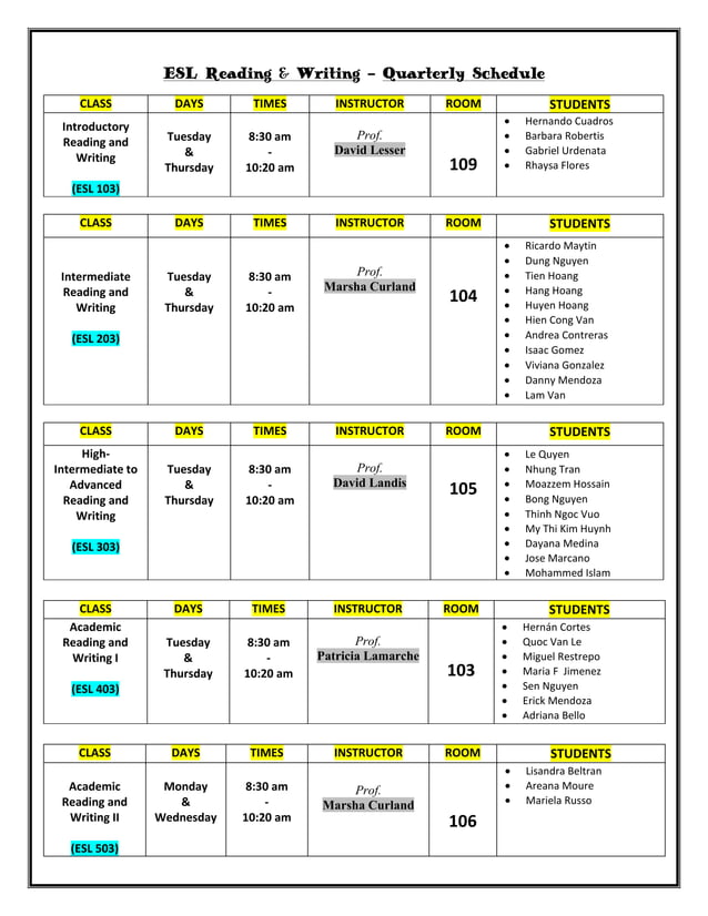 Uic esl teacher student class schedule - spring 2014 (march 31st - june ...