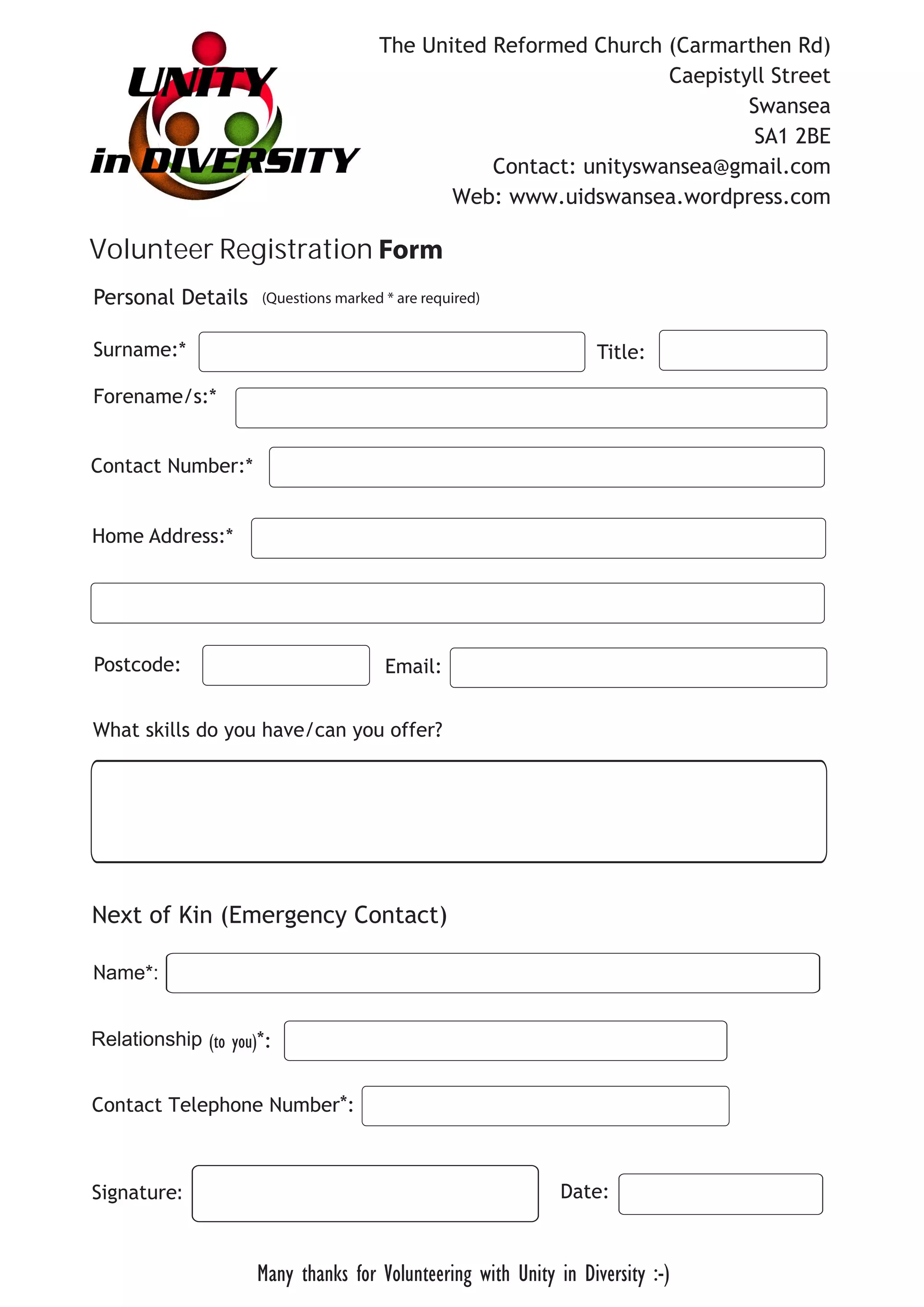 Unity in Diversity - Volunteer Registration Form | PDF