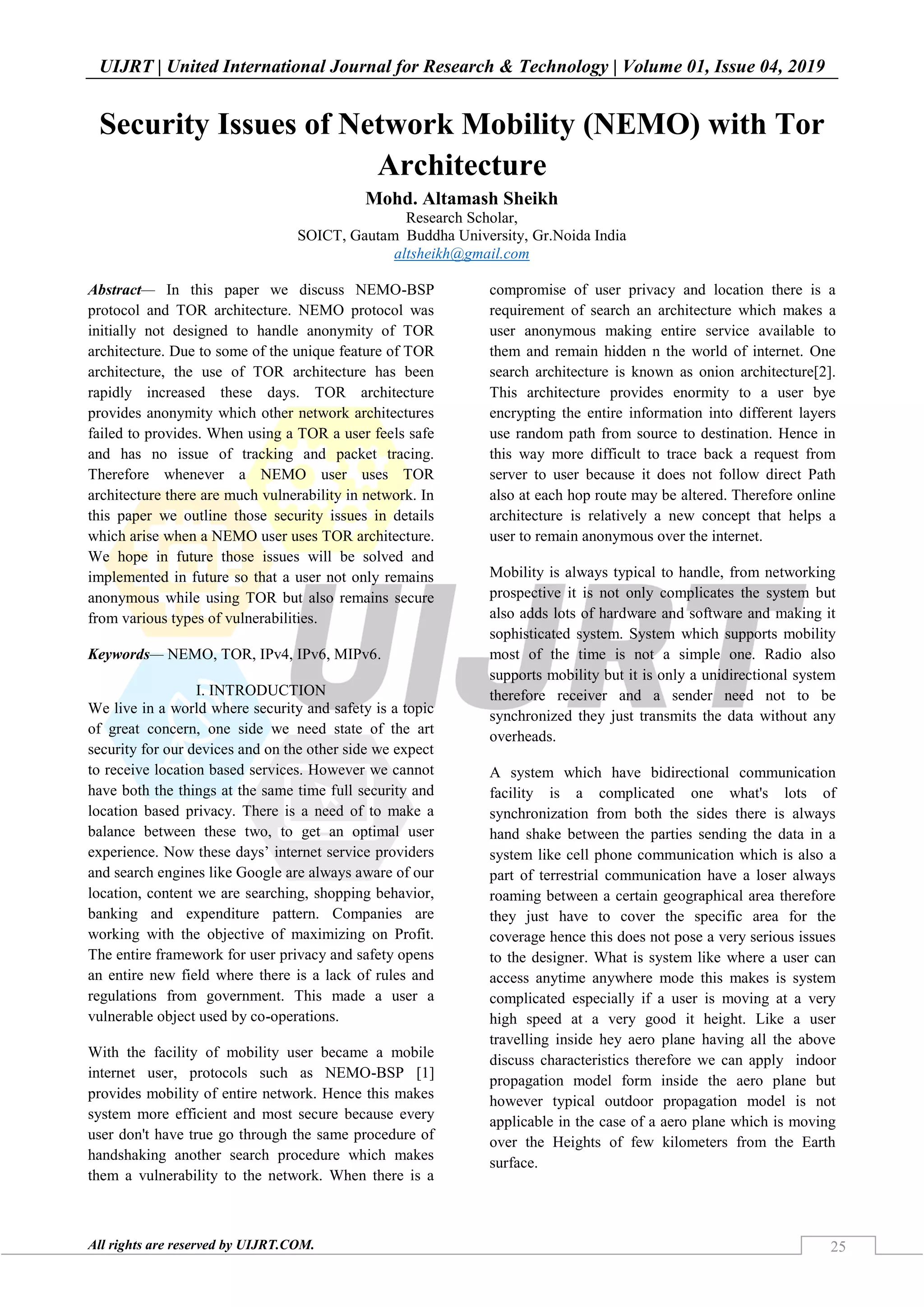 Security Issues Of Network Mobility Nemo With Tor Architecture Pdf