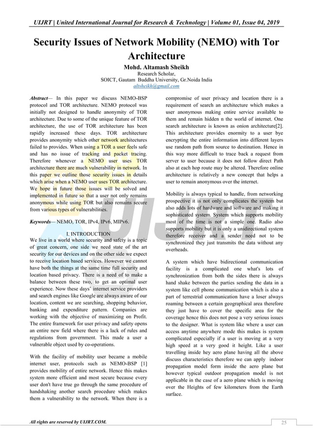 Security Issues of Network Mobility (NEMO) with Tor Architecture | PDF