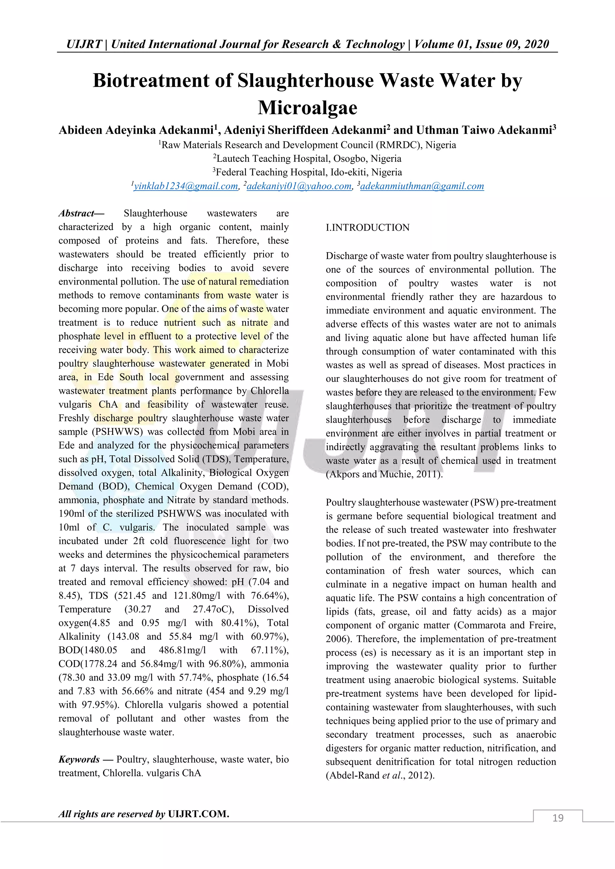Biotreatment of Slaughterhouse Waste Water by Microalgae | PDF