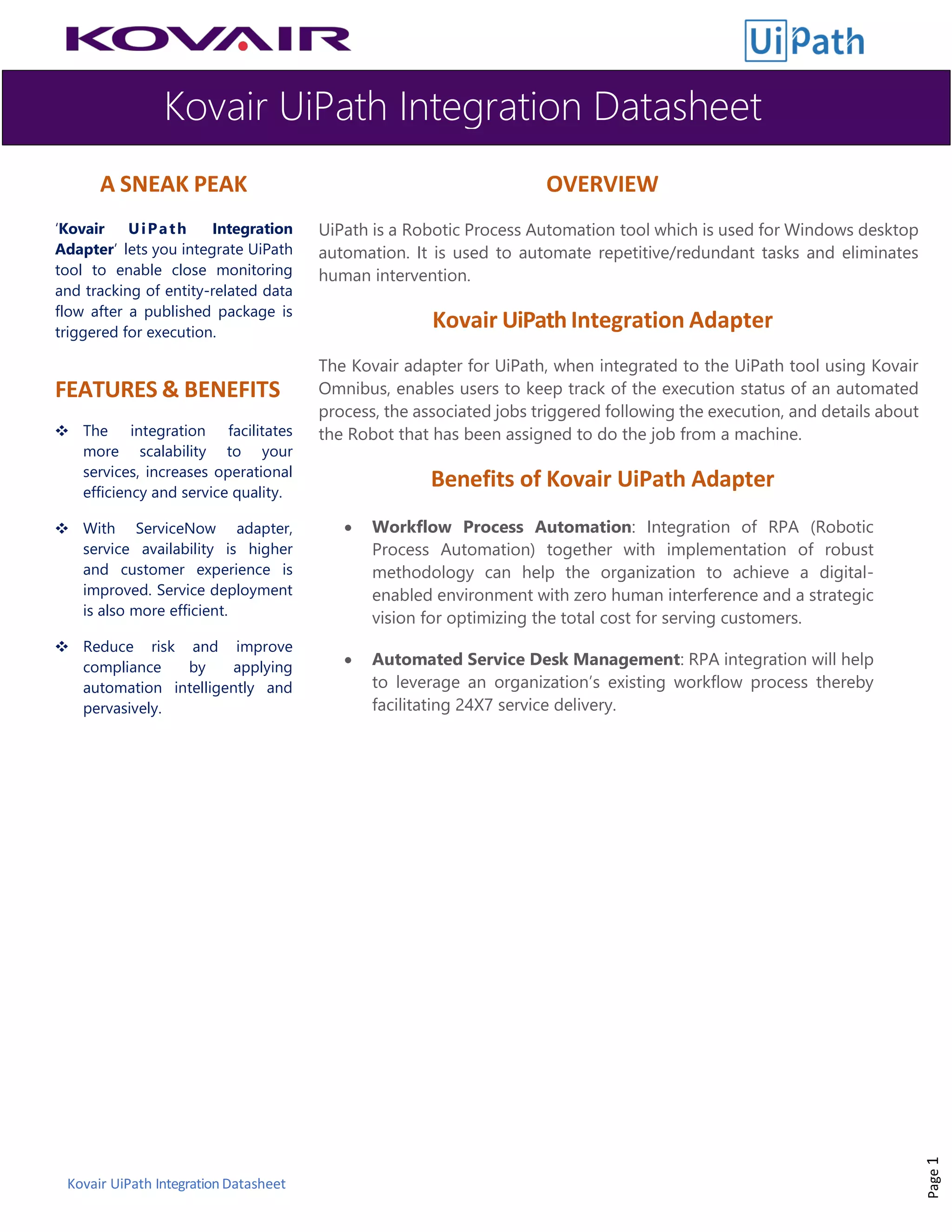 Kovair UiPath Integration Adapter - Datasheet | PDF
