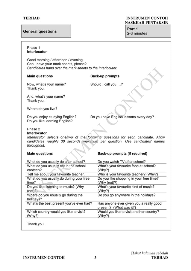 Pt3 speaking sample test examiner booklet | PDF | Resume Writing and ...