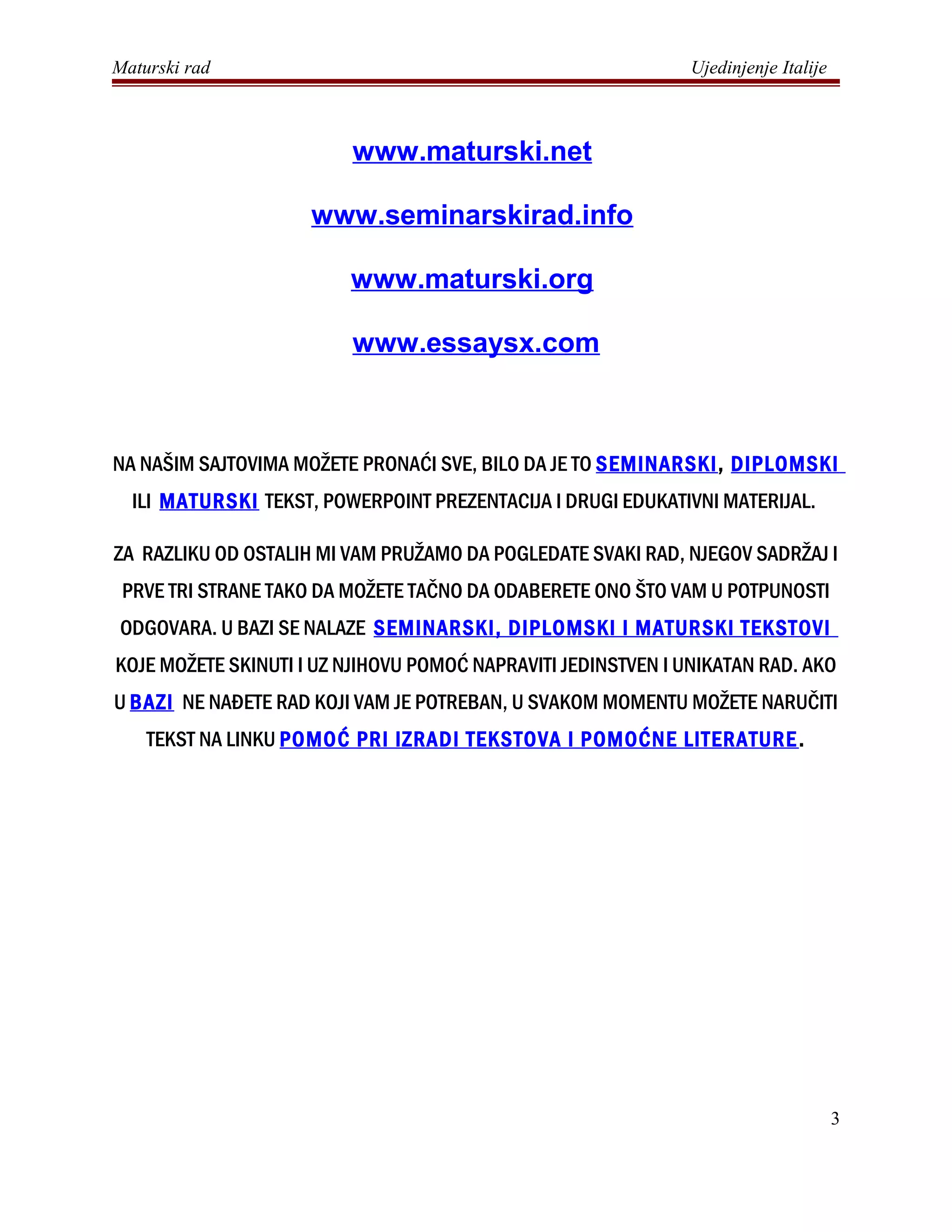 Ujedinjenje italije maturski rad | PDF