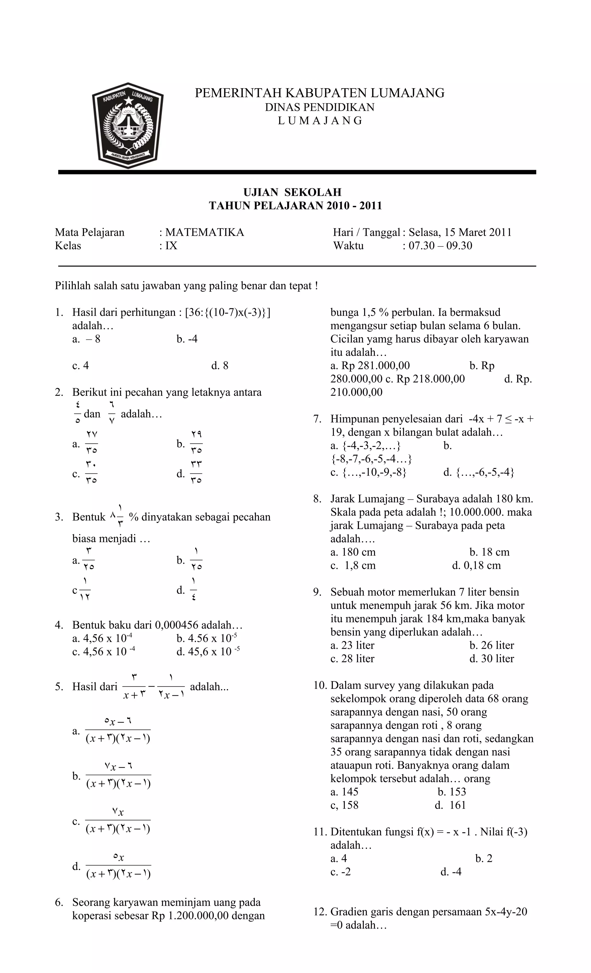 Ujian akhir matematika sekolah smp | DOC