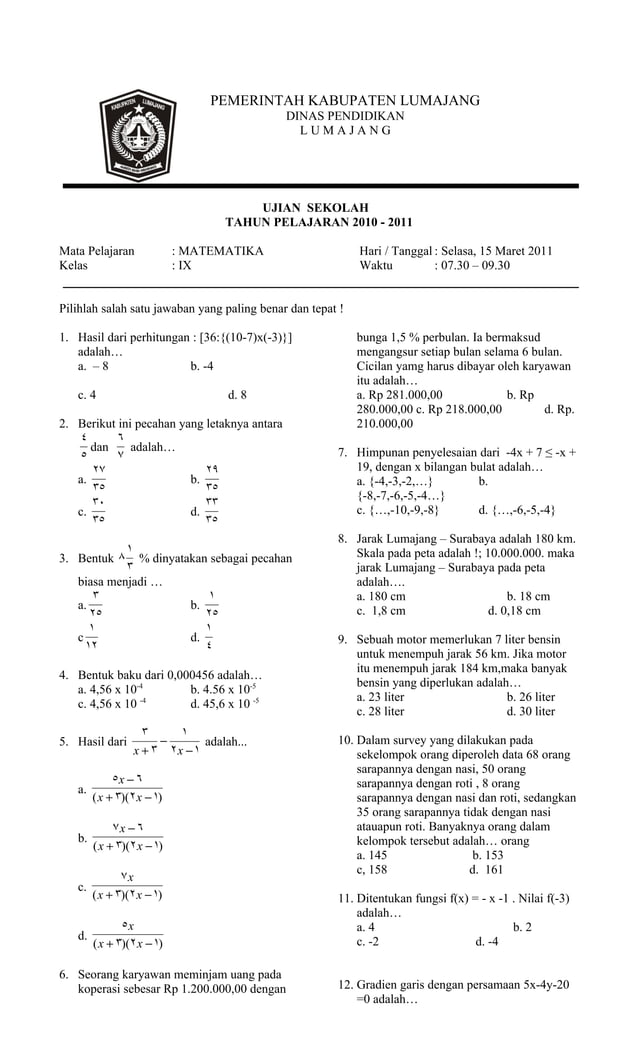 Ujian akhir matematika sekolah smp | DOC