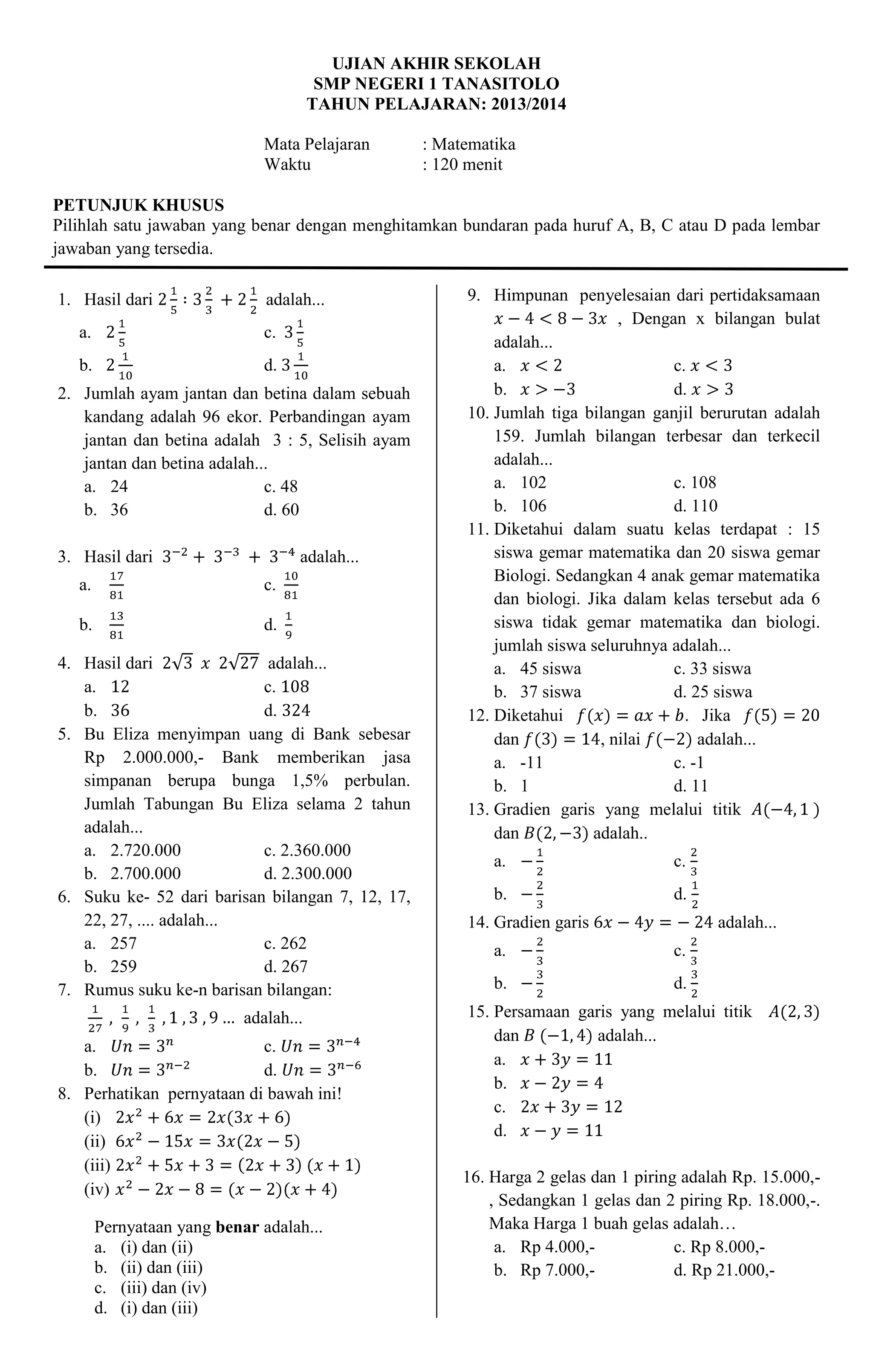 Ujian akhir sekolah smp 2014 | PDF