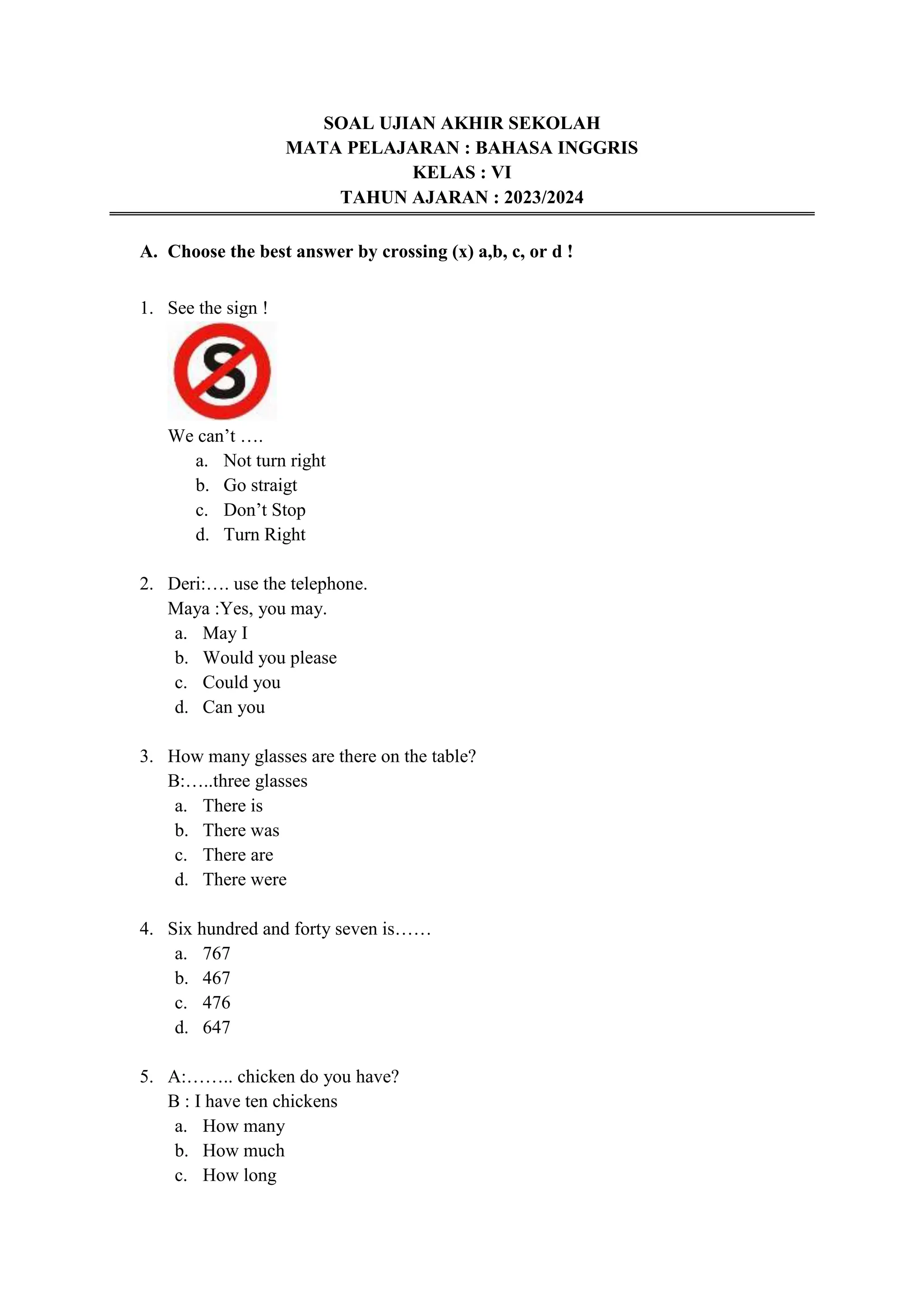 UJIAN AKHIR SEKOLAH VI SD BAHASA INGGRIS | DOCX