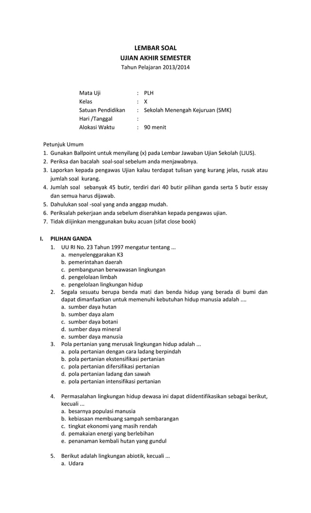 Ujian akhir semester plh kelas x | DOCX
