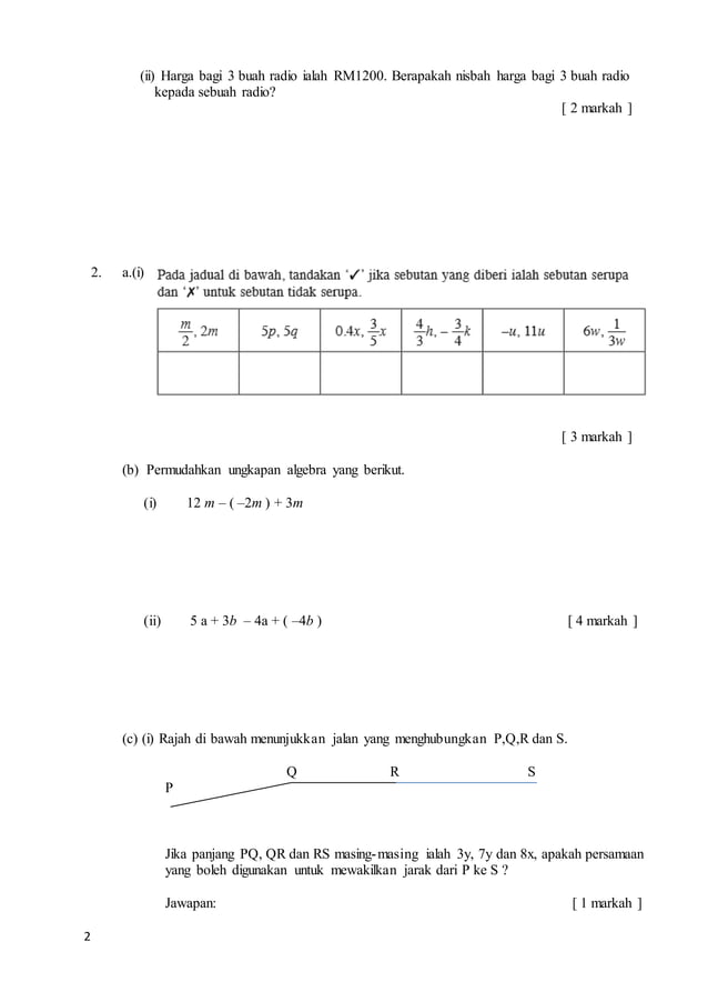 Ujian akhir tahun matematik tingkatan 1 2 | PDF