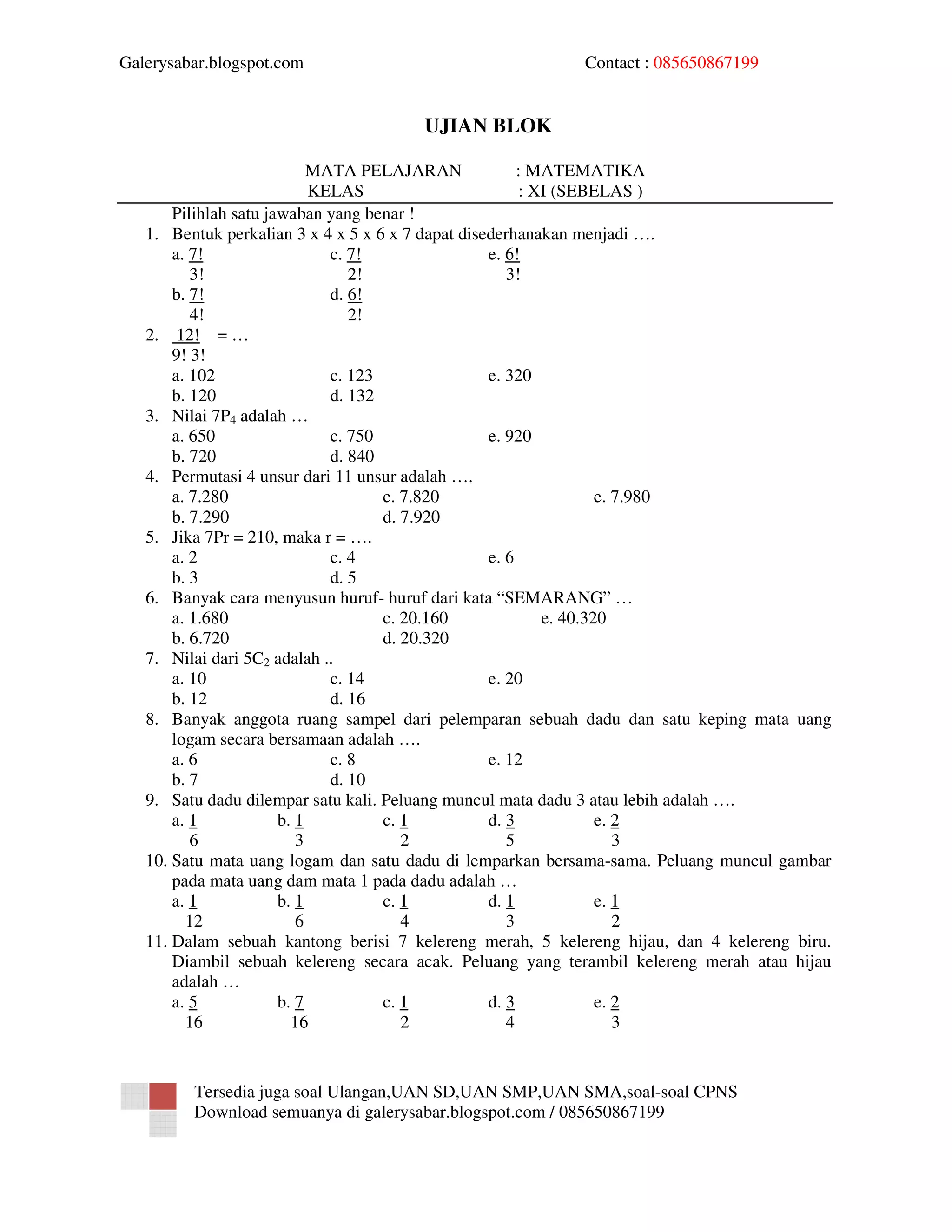 Ujian Blok Matematika Kelas Xi | PDF