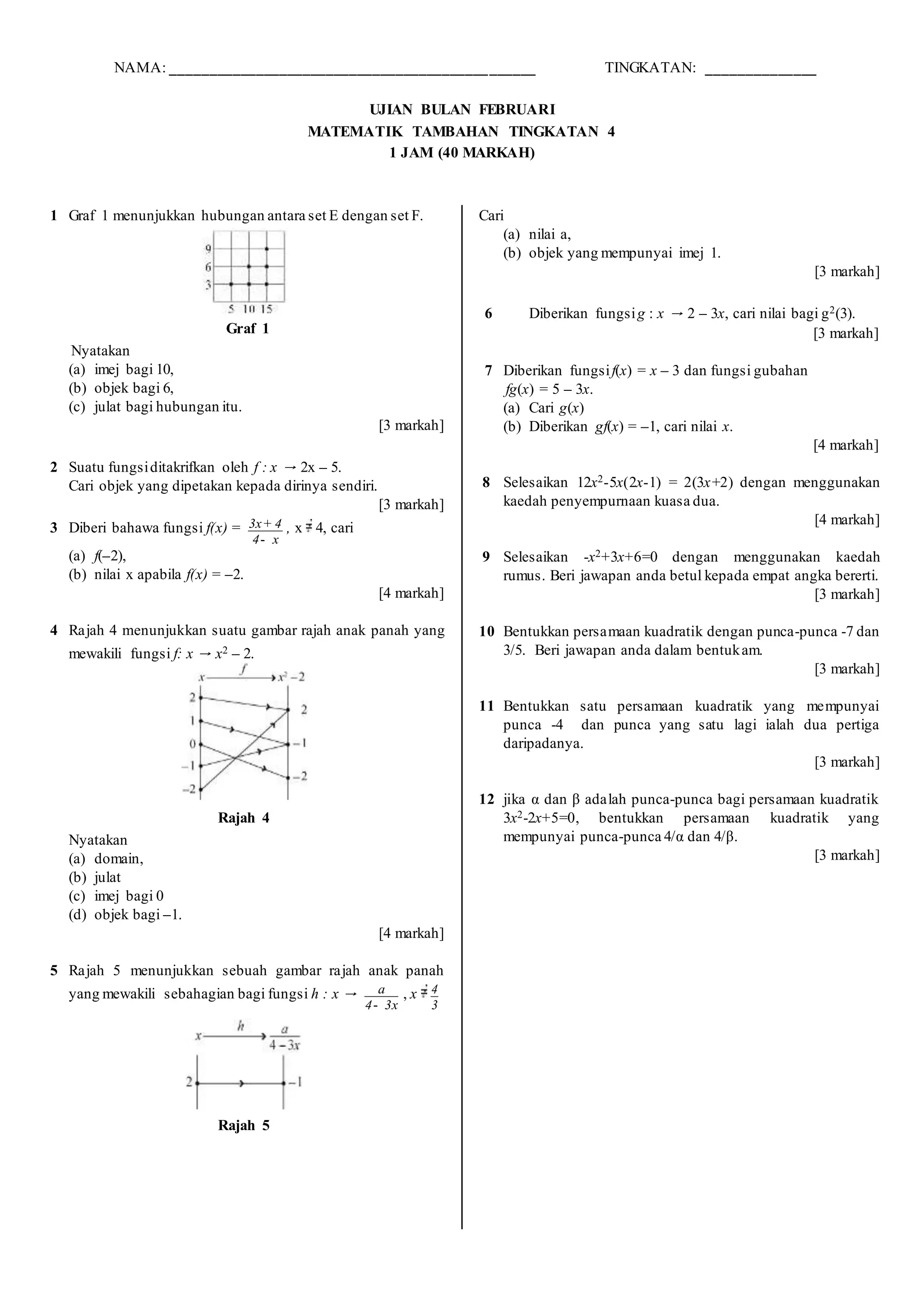 Ujian februari 2020 matematik tambahan ting 4 | DOC