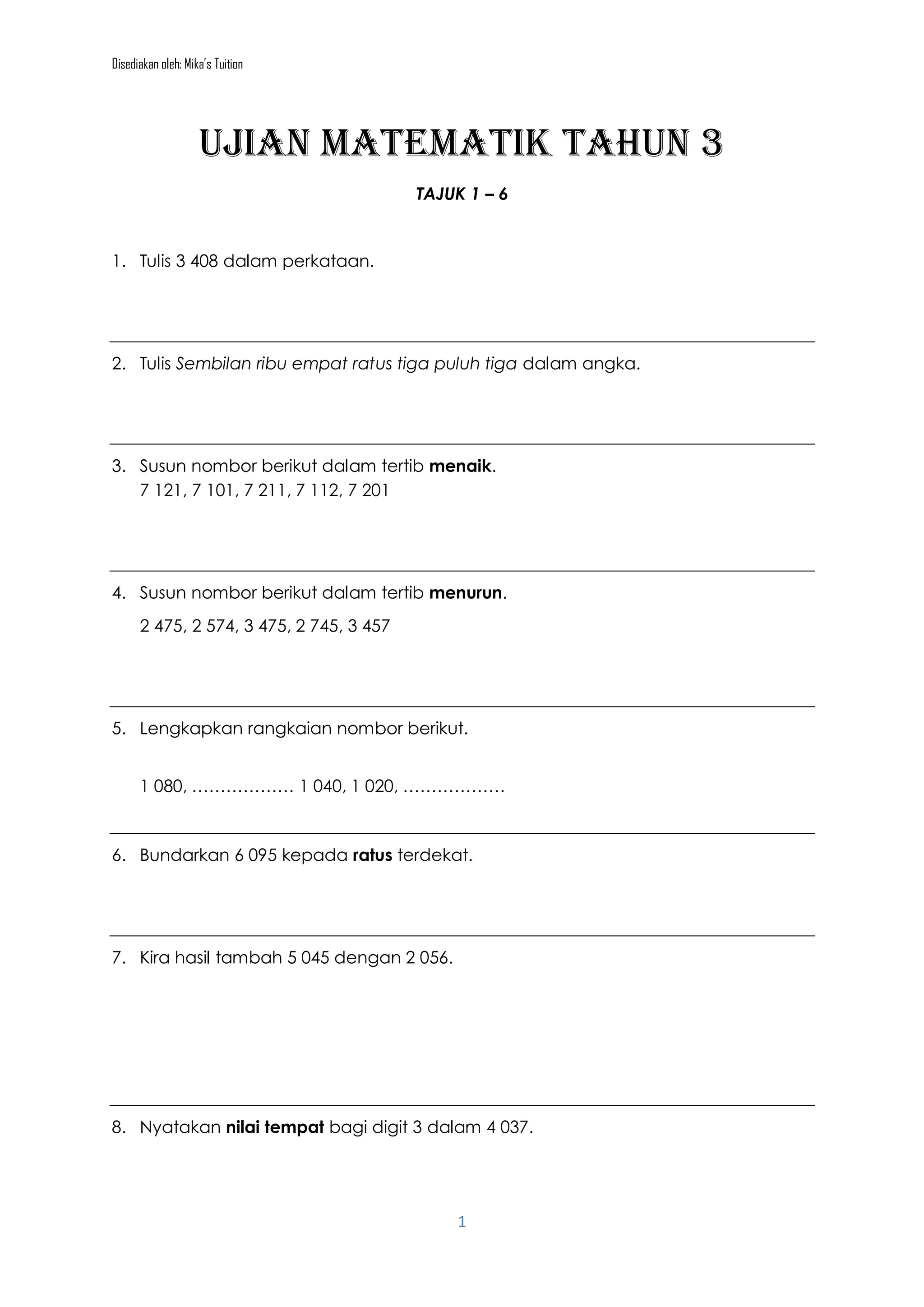 Ujian matematik tahun 3 | PDF