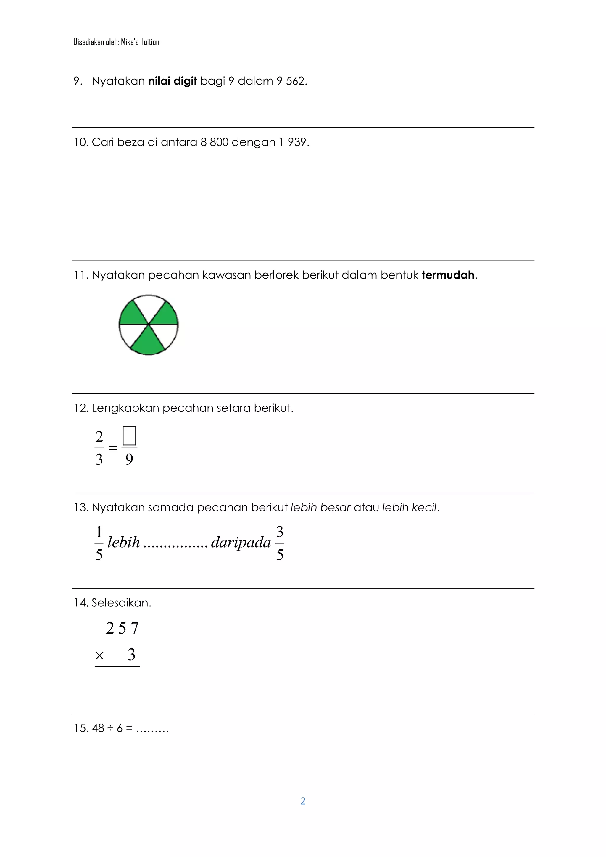 Ujian matematik tahun 3 | PDF