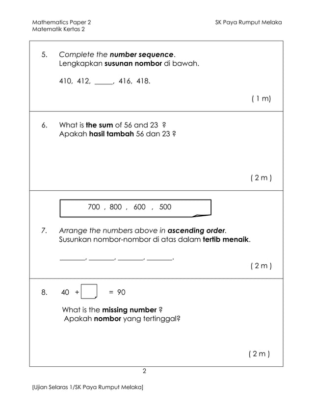 Ujian math tahun 2 kertas 2 | PDF