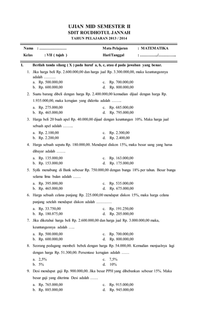 Soal mid semester ii 7mtk-2013 | PDF