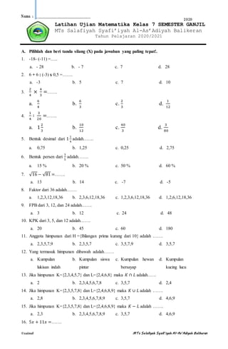 Ujian mtk MTs Al-As'adiyah balikeran kertosari asembagus situbondo kelas 7 | PDF