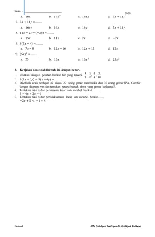 Ujian mtk MTs Al-As'adiyah balikeran kertosari asembagus situbondo kelas 7 | PDF