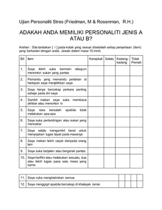Ujian Personaliti Type A dan B.docx