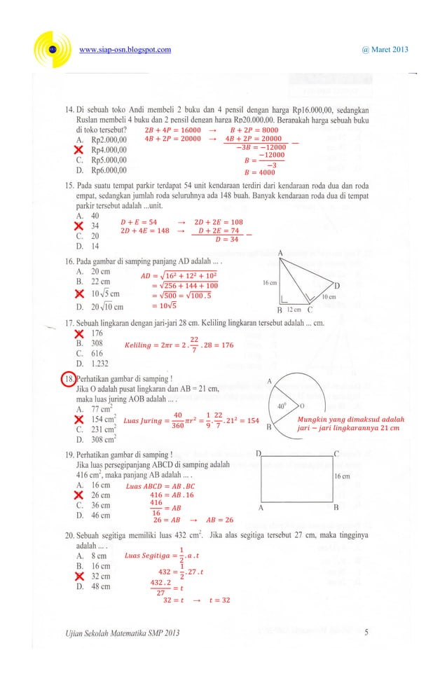 Ujian sekolah matematika smp 2013 kelas 9 dinas pendidikan kabupaten sampang | PDF