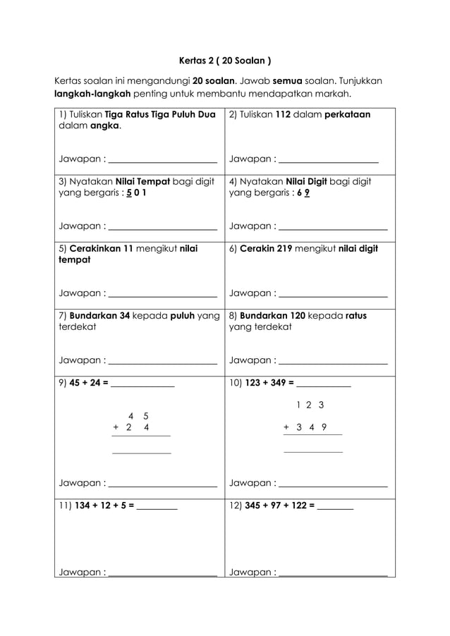 ujian pertengahan tahun/kertas 2/matematik tahun 2 | DOCX