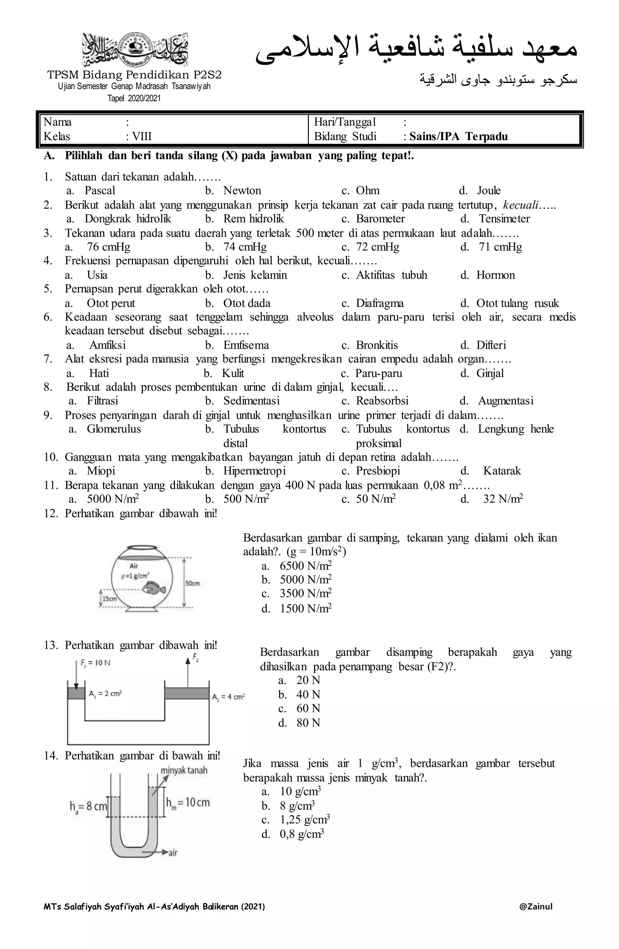 Soal Ujian IPA 8 MTS Salafiyah Syafi'iyah Al-As'Adiyah Balikeran 2021 | PDF