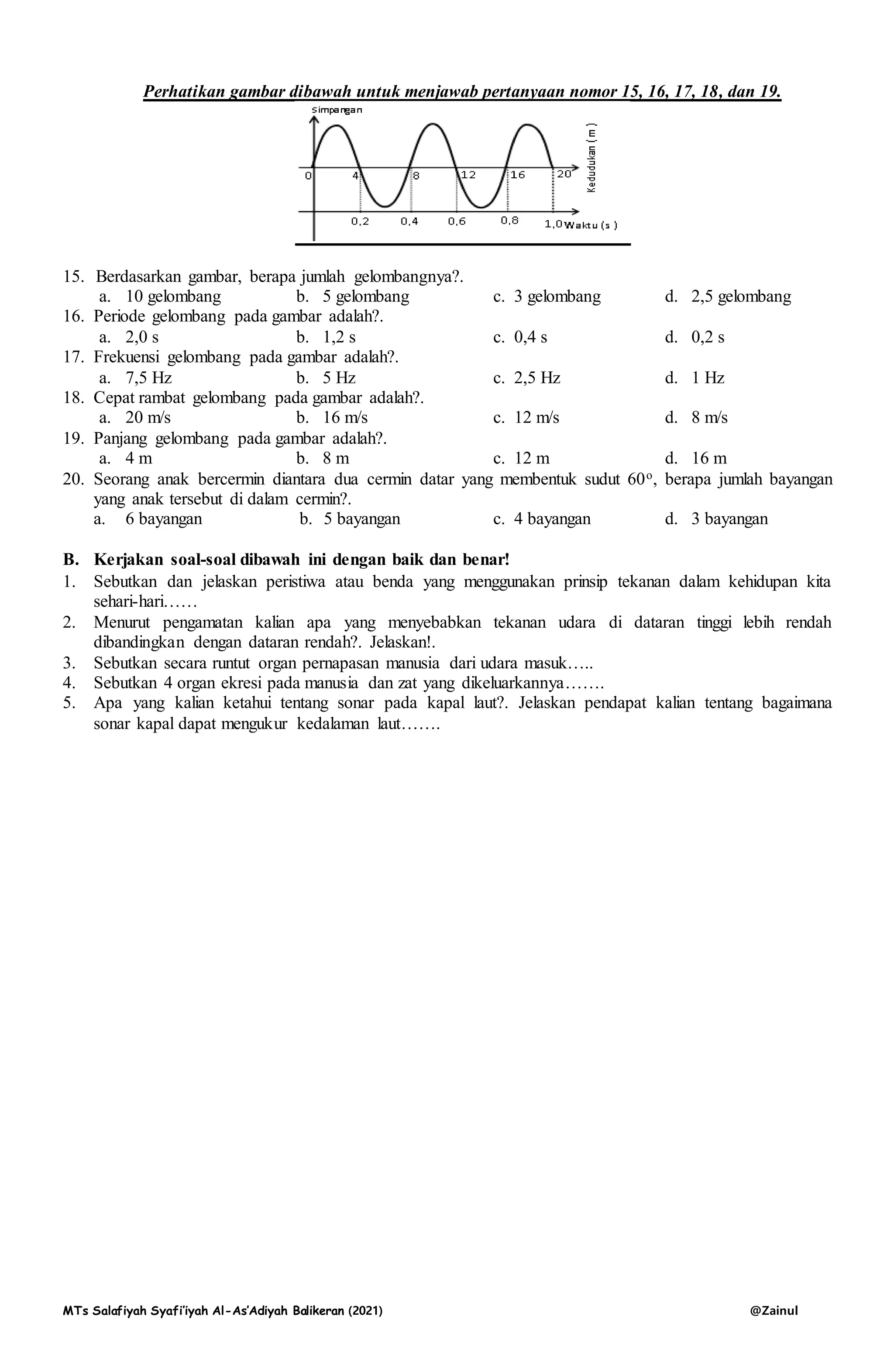 Soal Ujian IPA 8 MTS Salafiyah Syafi'iyah Al-As'Adiyah Balikeran 2021 | PDF