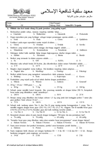Soal Ujian IPA Kls 9 MTS Salafiyah Syafi'iyah Al-As'Adiyah Balikeran 2021 | PDF