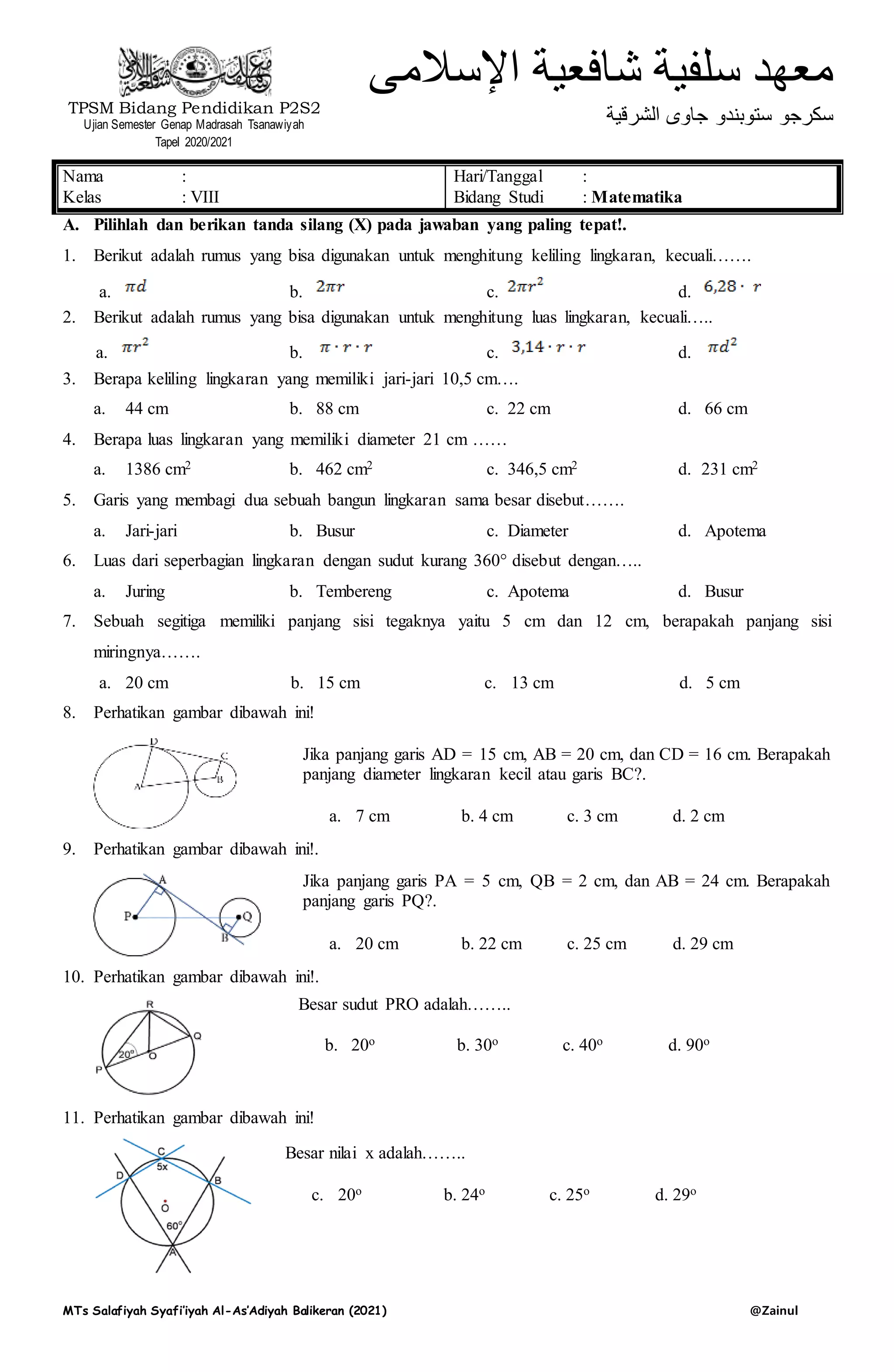 Soal Ujian Matematika Kls 8 MTS Salafiyah Syafi'iyah Al-As'Adiyah Balikeran 2021 | DOC